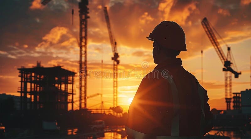 Engineer Silhouette at Construction Site during Sunset with Cranes and ...