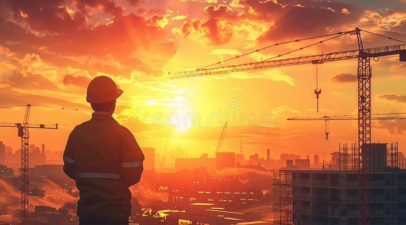 Engineer Silhouette at Construction Site during Sunset with Cranes and ...