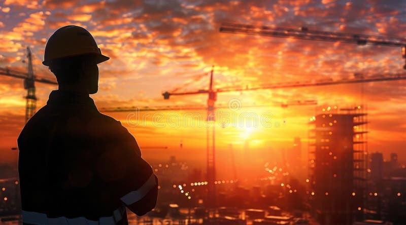 Engineer Silhouette at Construction Site during Sunset with Cranes and ...