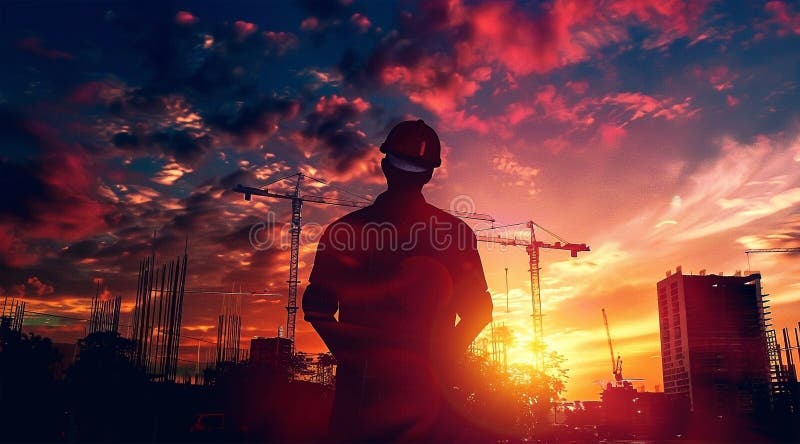 Engineer Silhouette at Construction Site during Sunset with Cranes and ...