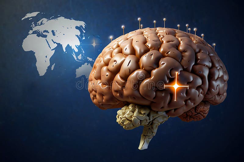Global Cognition, Human Brain with Illuminated Nodes and World Map ...