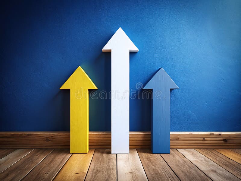 Motivational Upward Arrows on a Polished Wooden Floor Against a Vibrant ...