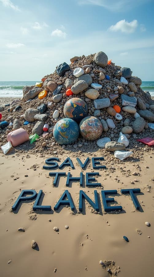 Save the Planet Message on Sandy Beach with Garbage Pile Stock ...