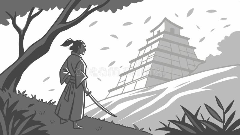 Samurai Figure before Ancient Pyramid, Eastern Meets West, Vector ...