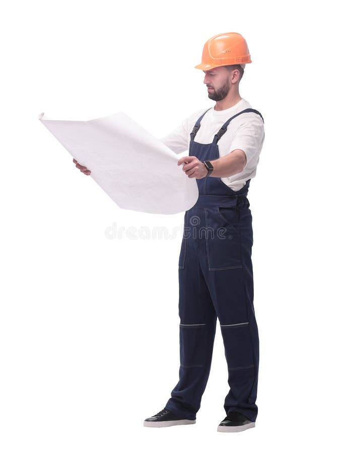 Competent Foreman Builder Looking at Drawings. Isolated on White Stock ...