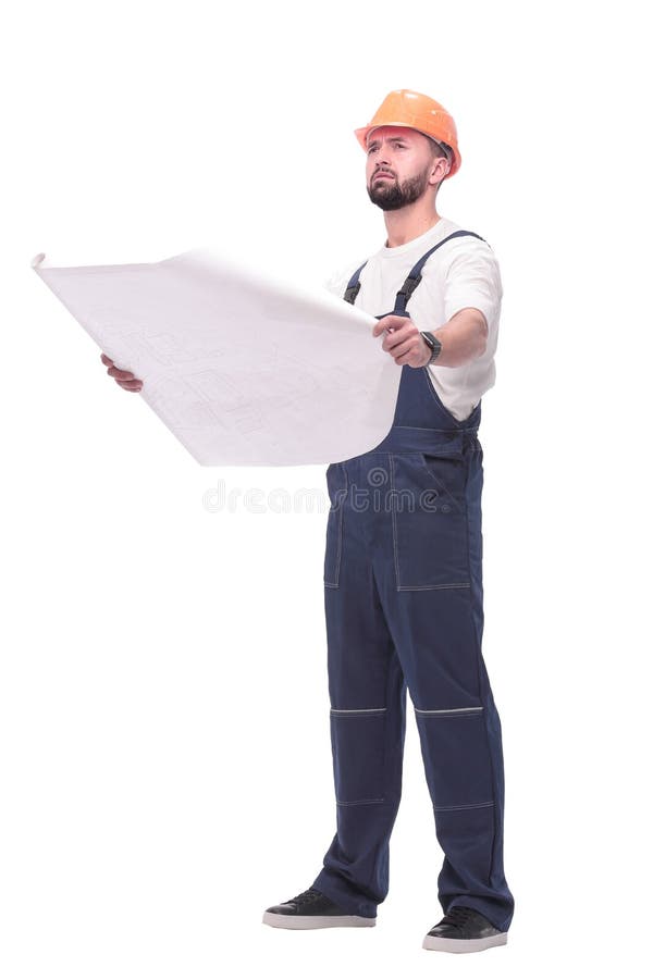 Competent Foreman Builder Looking at Drawings. Isolated on White Stock ...