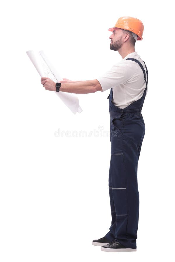Competent Foreman Builder Looking at Drawings. Isolated on White Stock ...