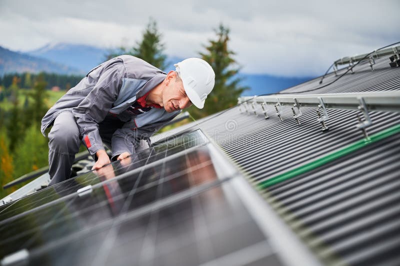 Competent Technician Adjusting Position of Solar Panel. Stock Image ...