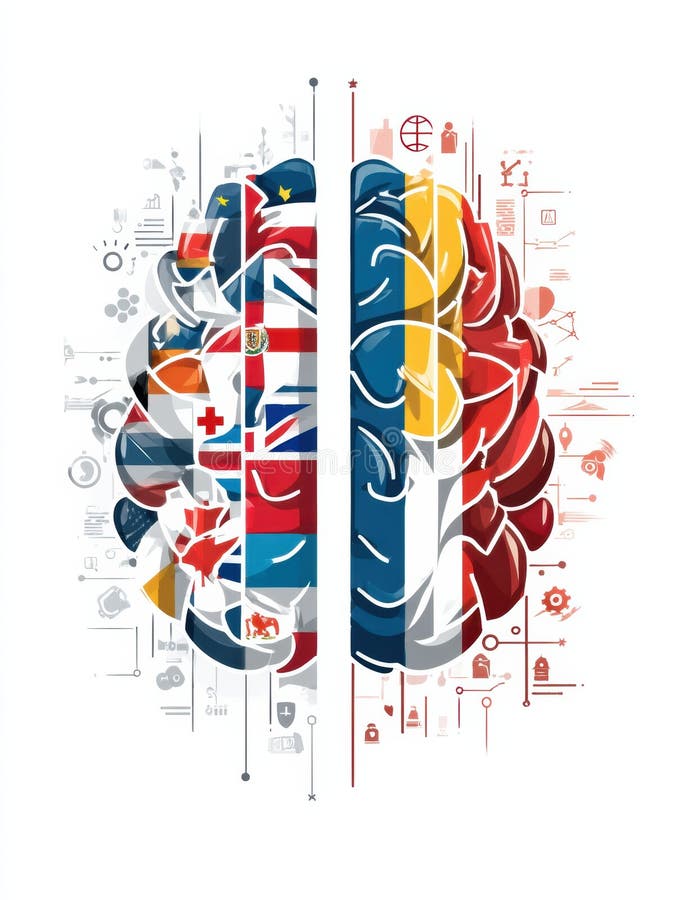 Competing Halves of an AI Brain Model Featuring Country Logos ...