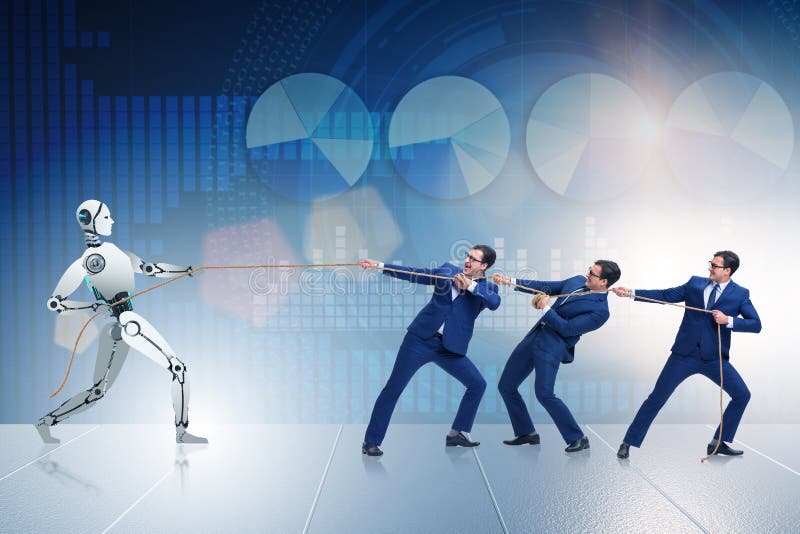 Competition between Humans and Robots in Tug of War Concept Stock Image ...