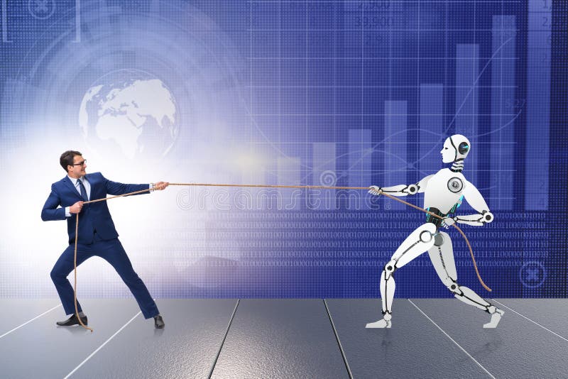 Competition between Humans and Robots in Tug of War Concept Stock Photo ...