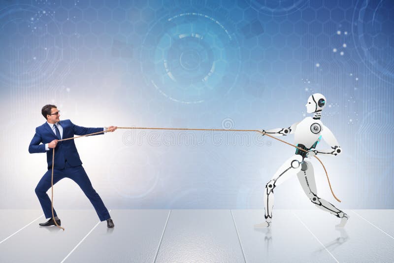 Competition between Humans and Robots in Tug of War Concept Stock Image ...