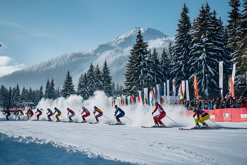 Competitive Ski Race with Athletes Descending Snowy Mountain Slope ...