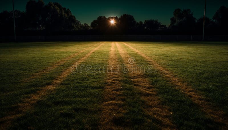 Competitive Sport Under Glowing Spotlight on Empty Soccer Field at Dusk ...