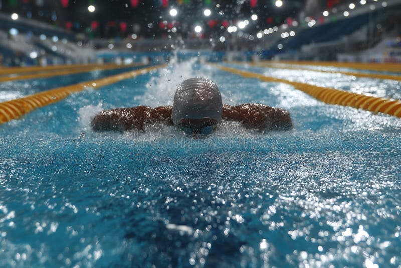 A Competitive Swimmer in a Dark Suit with Light Accents, Executing a ...