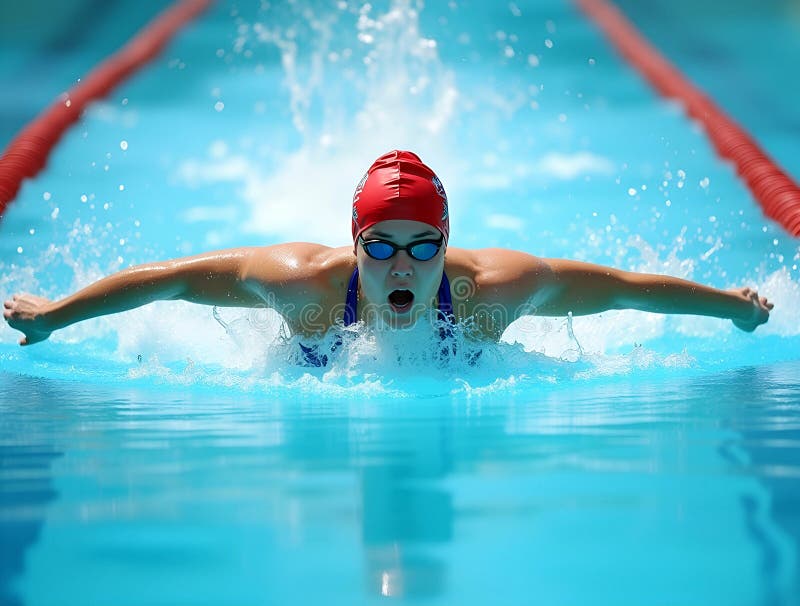 Competitive Swimmer Performs Butterfly Stroke in a Bright Blue Swimming ...