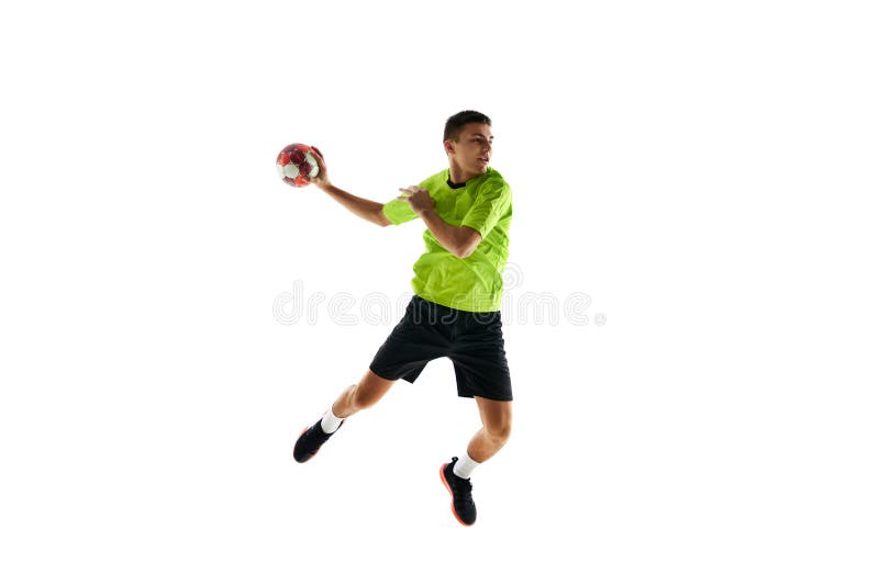 Competitive Young Guy in Uniform, Handball Player in a Jump, Throwing ...