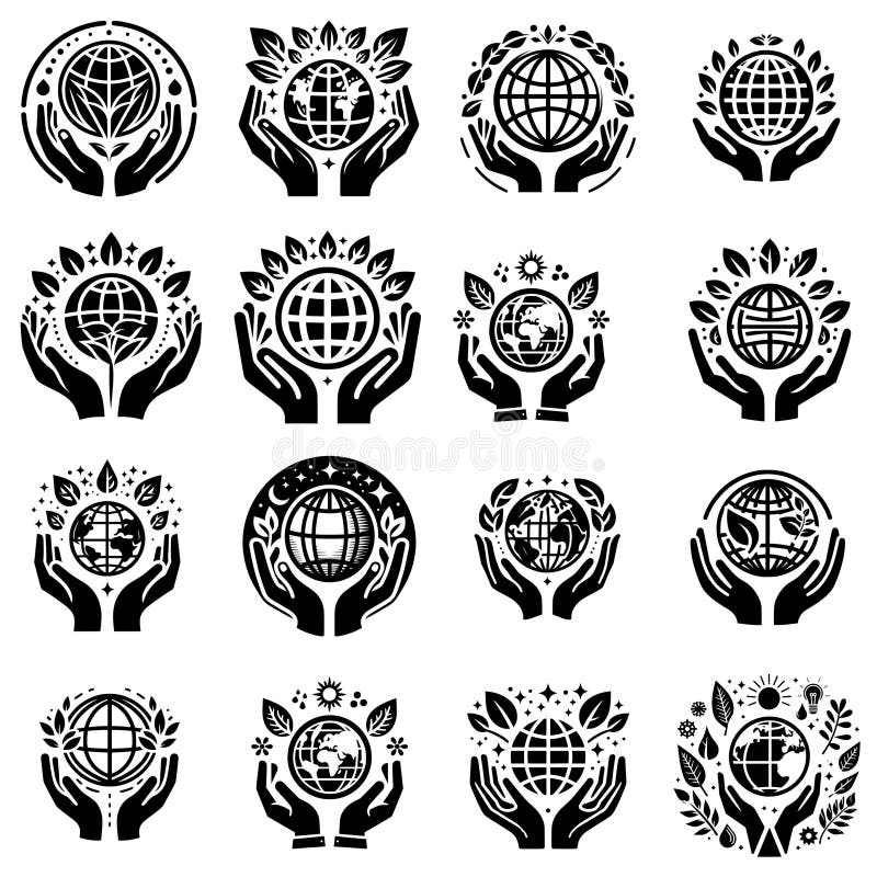 Compilation Set of Eco Globe Hands Silhouette Vector Illustration ...