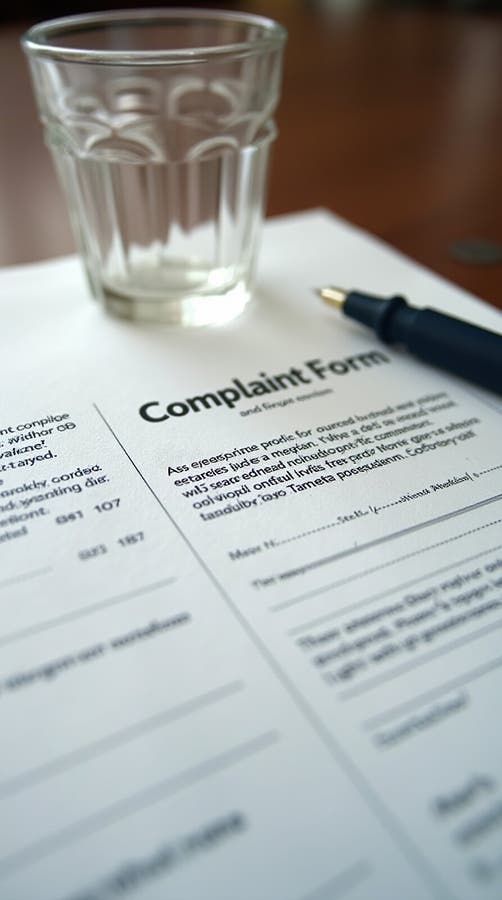 Complaint Form with Pen and Glass on Wooden Table Close-up Stock ...