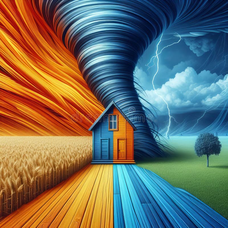 Complementary Colors Blue and Orange Tornado and Wooden House Dy Stock ...