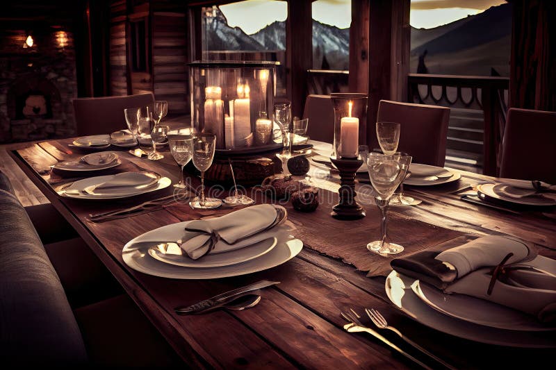 Complete Dinner Service on Big Dining Table on Chalet Stock ...