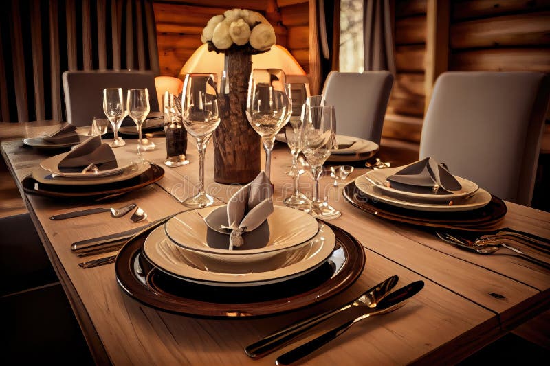 Complete Dinner Service on Big Dining Table on Chalet Stock ...