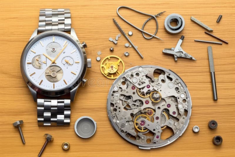 A Complete Disassembled Watch on a Light Wood Surface Stock Photo ...