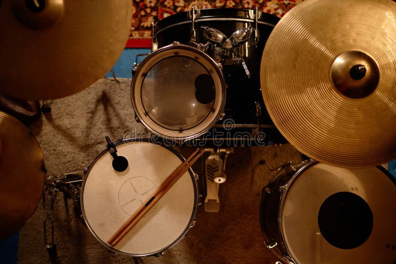 Complete Drum Set with Used Drumsticks Placed on Drumhead in Studio ...