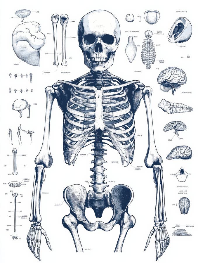 Detailed Anatomical Illustration of a Human Skeleton and Various Bones ...