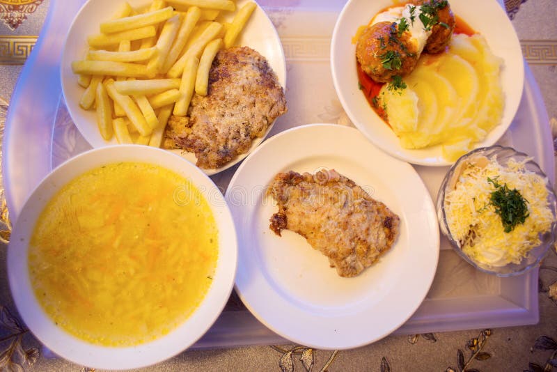 Complete Lunch on a Tray in the Dining Room. First, Second and Salad ...