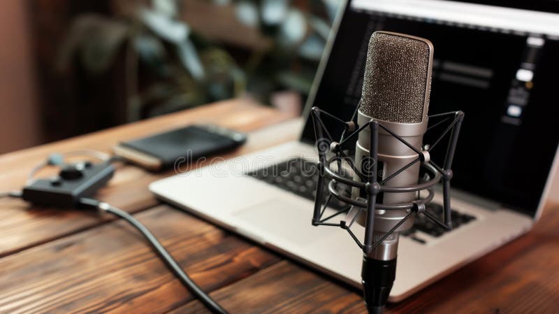 Complete Podcasting Kit with Microphone and Laptop Stock Illustration ...