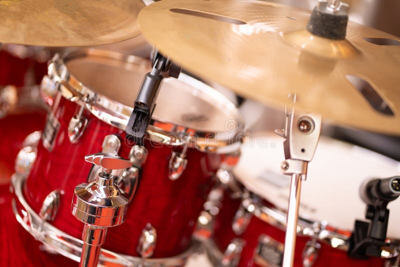 Complete Set of Cymbal Instruments with Complete Red Drums in Studio ...