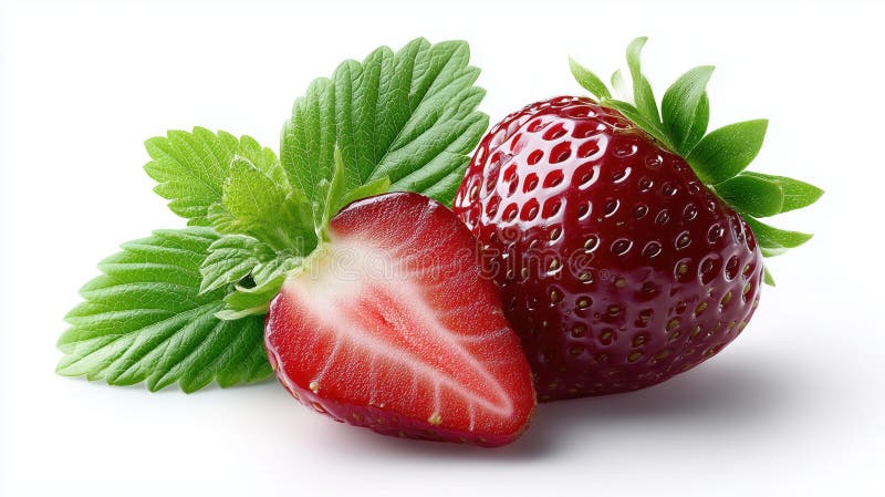 Complete Two Raspberry and Half with Leaves, Isolated on White ...