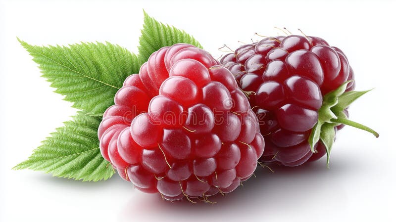 Complete Two Raspberry with Leaves, Isolated on White Background Stock ...