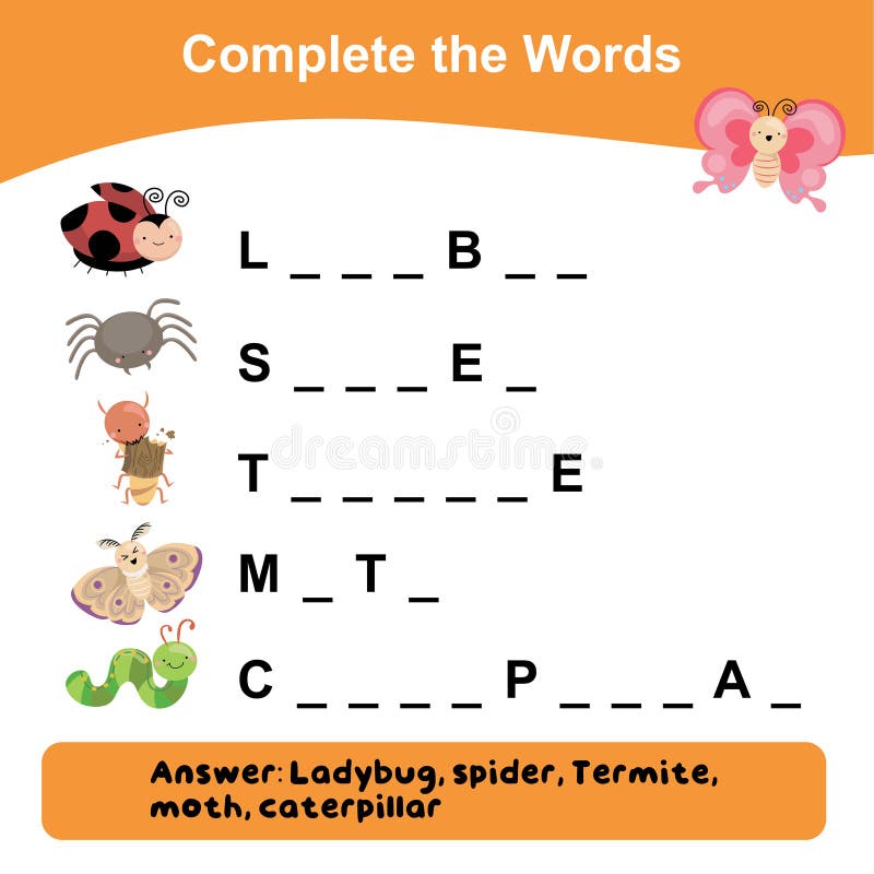 Complete the Words Worksheet Stock Vector - Illustration of education ...
