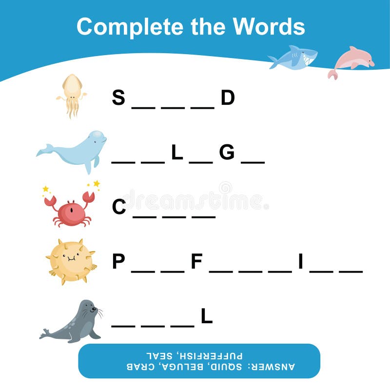 Complete the Words Worksheet Stock Vector - Illustration of animals ...