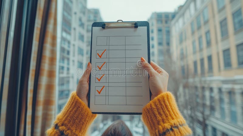 Completed Checklist with Orange Check Marks Held Against City View ...