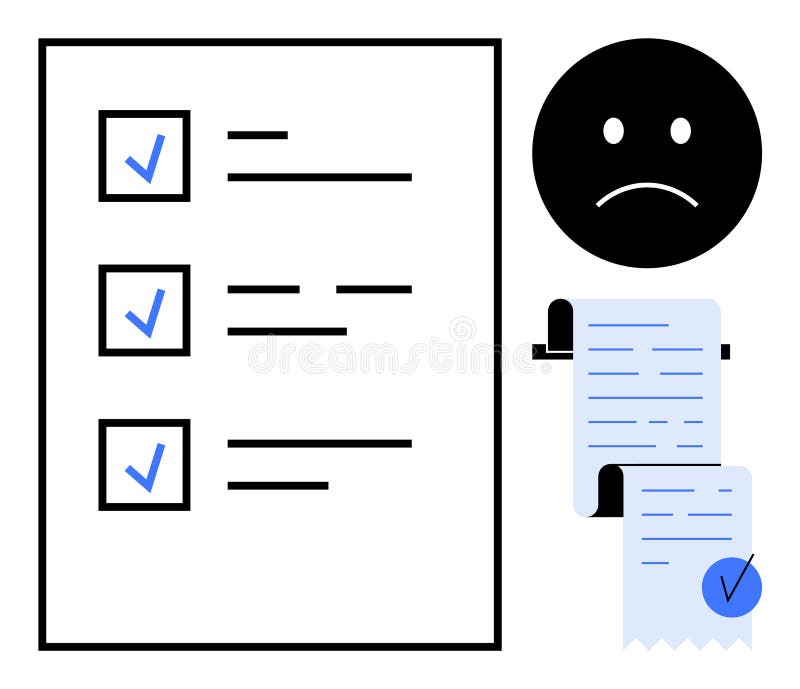 Completed Checklist with Unhappy Face and Long Receipt Stock ...