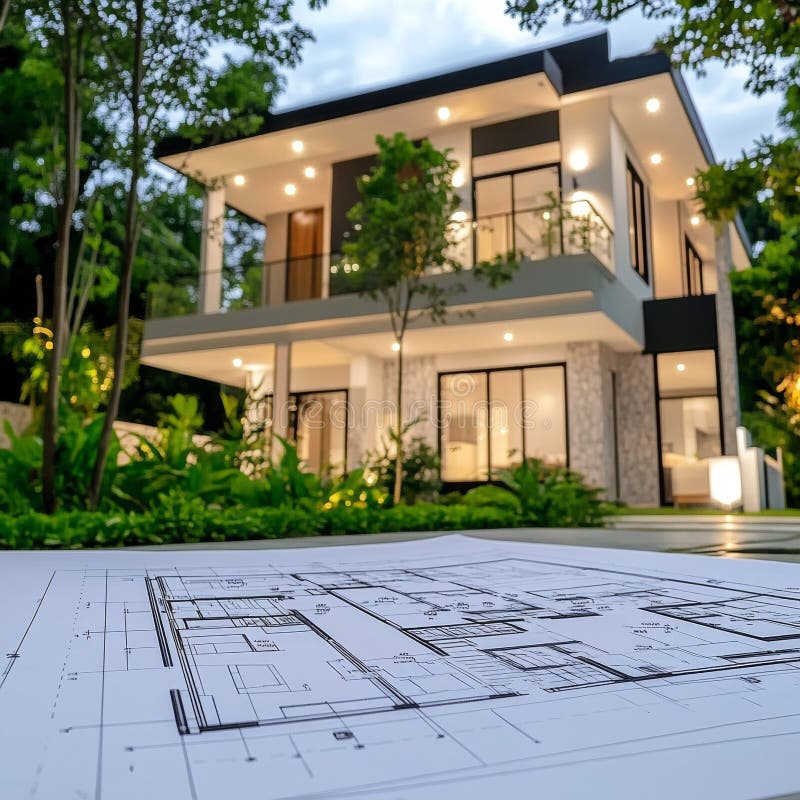 Completed Modern Home with Backyard Lighting and Foreground Floor Plan ...