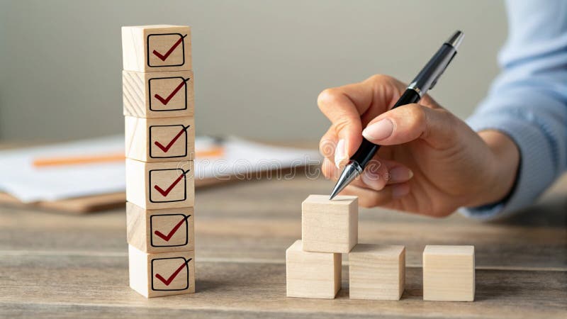 Completed Tasks Checklist Cubes and Hand with Pen Stock Illustration ...