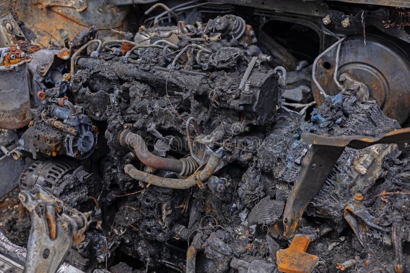 Closeup Completely Burnt Out Car Engine Stock Photo - Image of accident ...