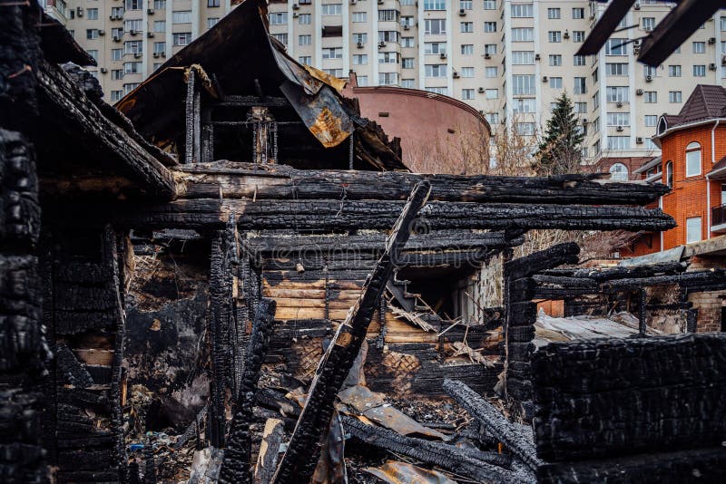 Completely Burnt Wooden House. Consequences of Fire Stock Image - Image ...
