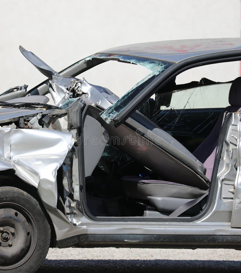 Completely Destroyed Car with Shattered Glass after the Traffic Stock ...