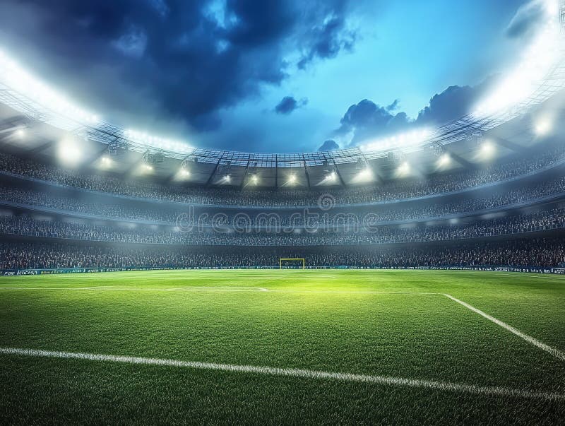A Completely Empty Soccer Stadium Illuminated by Numerous Bright Lights ...