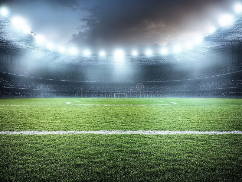 A Completely Empty Soccer Stadium Illuminated by Numerous Bright Lights ...
