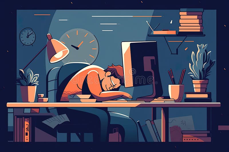 A Completely Overworked Man Sleeps with His Head on the Desk in His ...