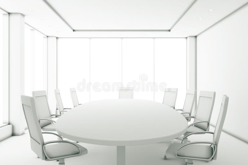 Completely White Meeting Room with a Round Table and Large Windows ...