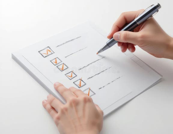 Completing Checklist with Checkmarks Using Pen on Paper Document Stock ...