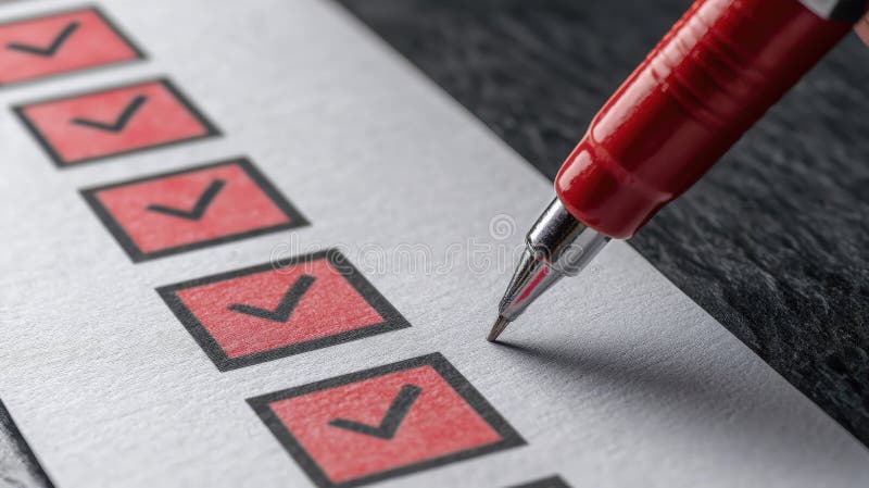 Completing a Checklist a Close-Up View of a Red Pen Marking Checkboxes ...