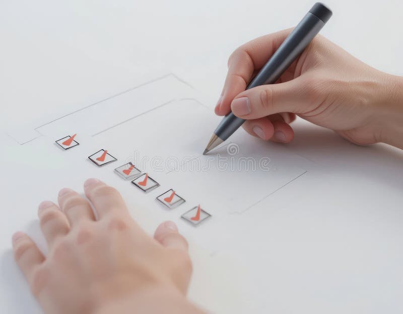 Completing Checklist with Pen on White Paper Focus and Concentration ...